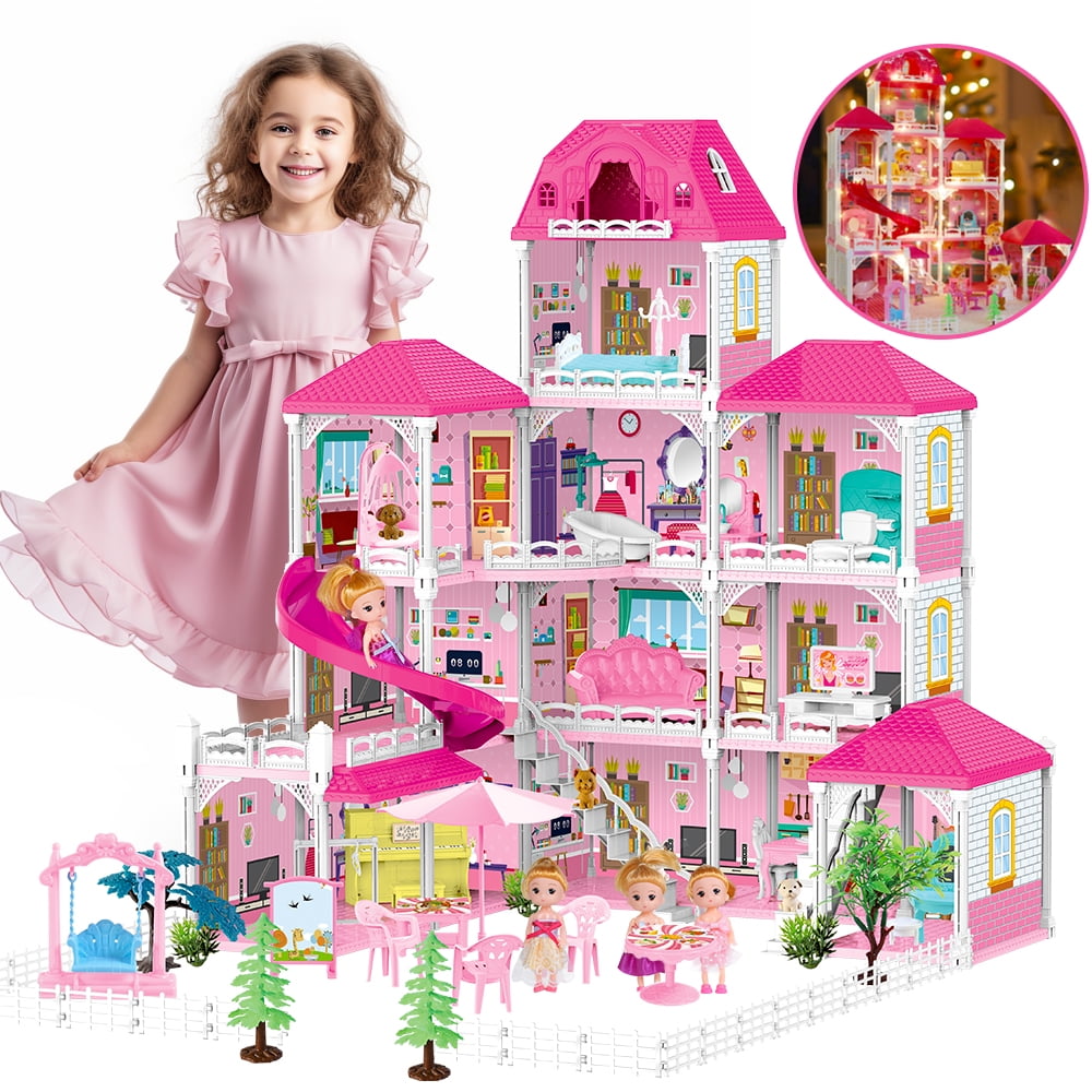 JoyStone Dollhouse with Lights, 4-Story 12 Rooms Huge Doll House with