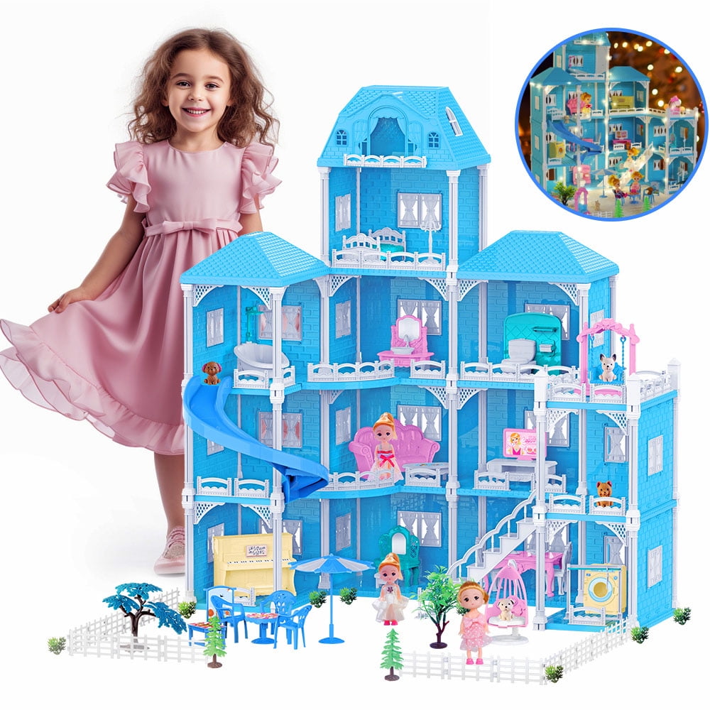 JoyStone Dollhouse with Lights, 4-Story 12 Rooms Huge Doll House with